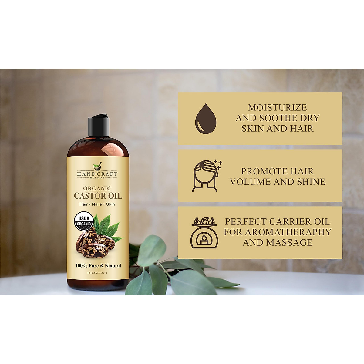 Handcraft Blends Organic Castor Oil in Plastic Bottle - 12 Fl Oz -100% Pure and Natural - Premium Grade Oil for Hair Growth, Eyelashes and Eyebrows - Carrier Oil - Expeller-Pressed and All Natural