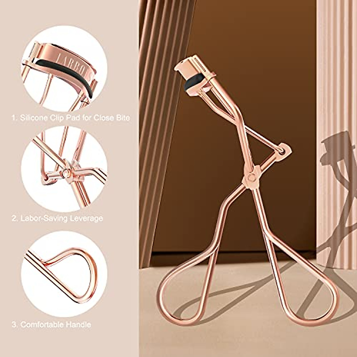 Larbois Eyelash Curler with 5 Extra Refill Pads ＆ Velvet Bag, Professional Eye Lash Curler No Pinching, No Pain and No Pulling, Make up Tool for Perfect Curl in Seconds (Rose Gold)