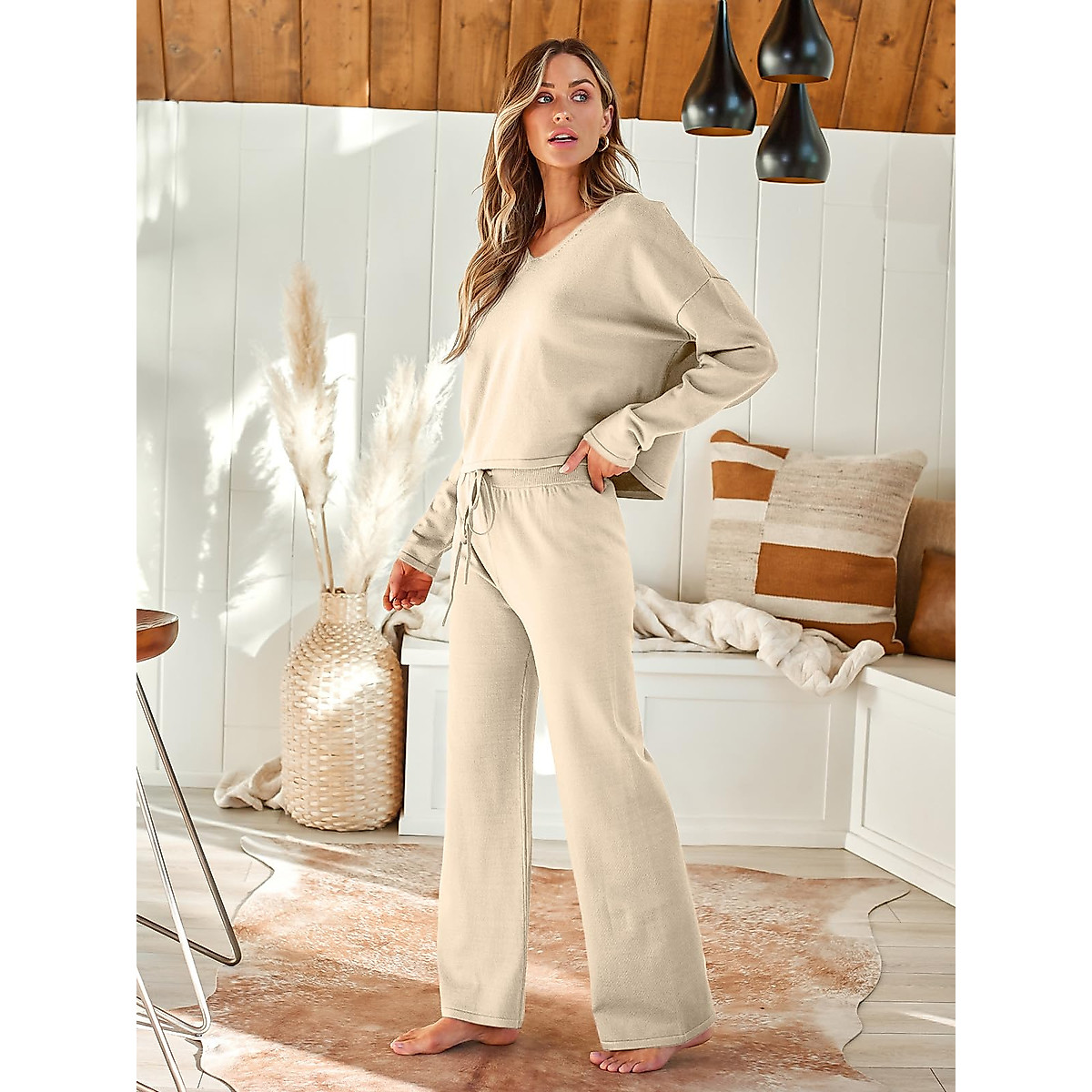 LILLUSORY Women's Two Piece Outfits Sweater set Knit Top Set And Loose Wide Leg Pants Lounge Sweatsuit