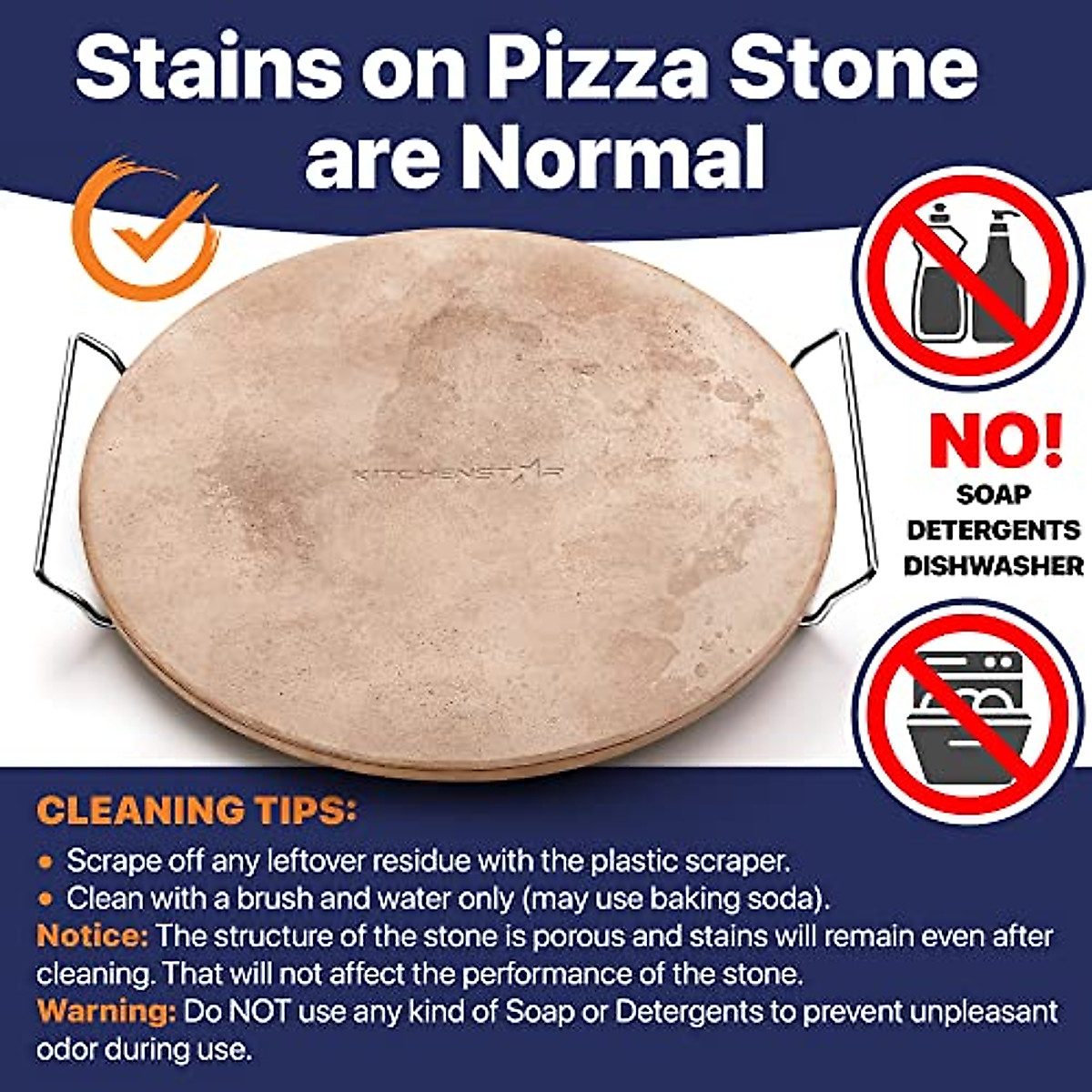 KitchenStar Pizza Stone 16 inch with Handles (Large) - Cordierite Baking Stone Set with Metal Rack & Plastic Scraper - High Temperature Resistant Ceramic Pizza Stones for Oven, Grill or Smoker