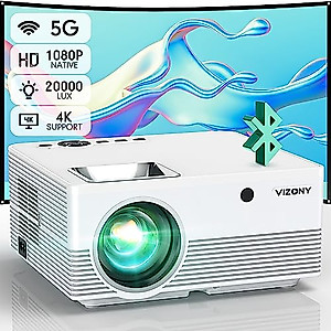 VIZONY Projector with 5G WiFi and Bluetooth, 20000L 600ANSI Full HD Native 1080P Projector, Support 4k & 350" Display with Carry Case, Outdoor Movie Projector Compatible w/Phone/TV Stick/Laptop, White