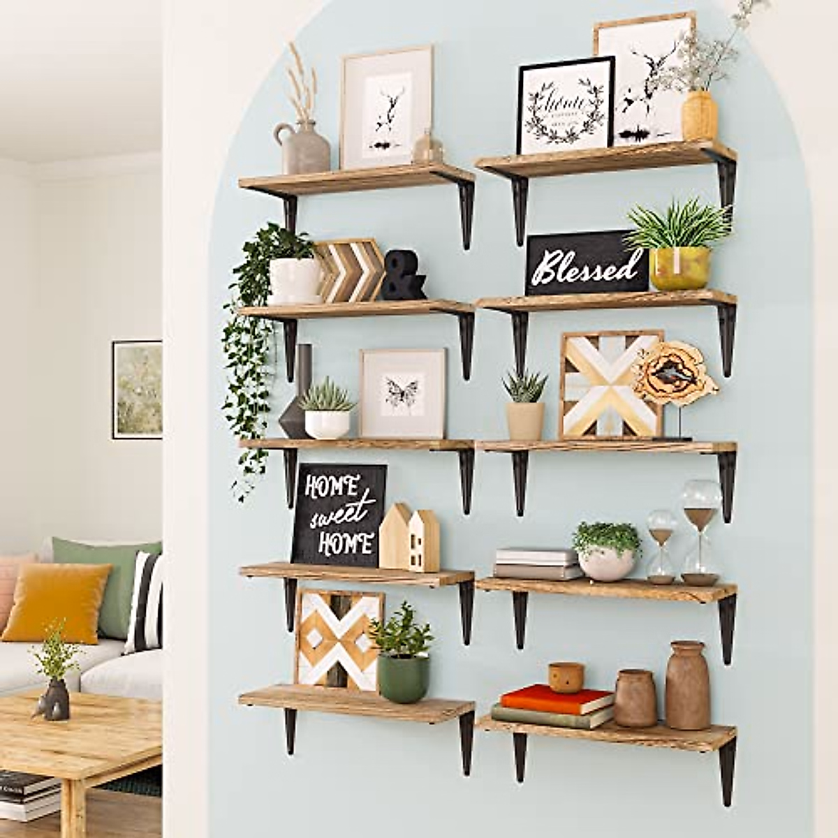 Wallniture Arras Floating Shelves for Wall Decor, 17"x 6" Bookshelf Living Room Decor, Kitchen Organization and Storage, Wall Shelves, Office Shelves Burnt Set of 10