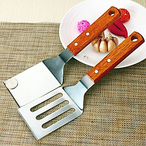 KLAQQED 2 PCS Metal Spatula for Cast Iron Skillet, Stainless Steel Grill Spatula Slotted Spatula Turner Fish Spatula with Wood Handle, Flat Top Grill Spatula, Griddle Metal Spatulas for Cooking BBQ