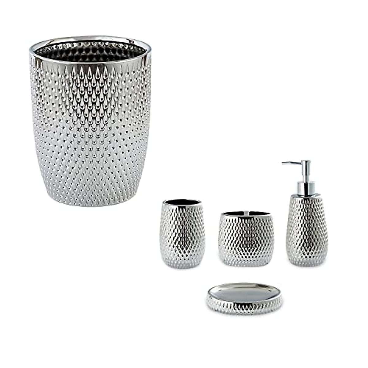 BASDHE Bathroom Accessories Set 5 Piece Bath Ensemble Includes Trash Can,Toothbrush Holder,Toothbrush Cup,Soap Dispenser,Soap Dish for Decorative Countertop and Housewarming Gift, Grey