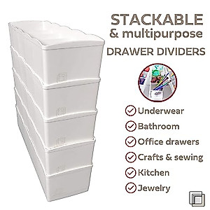 Uncluttered Designs Drawer Dividers (5 Set) Handy Stackable Organizers in Durable Plastic For Your Underwear, Crafts, Baby Clothes & Office Storage (White)