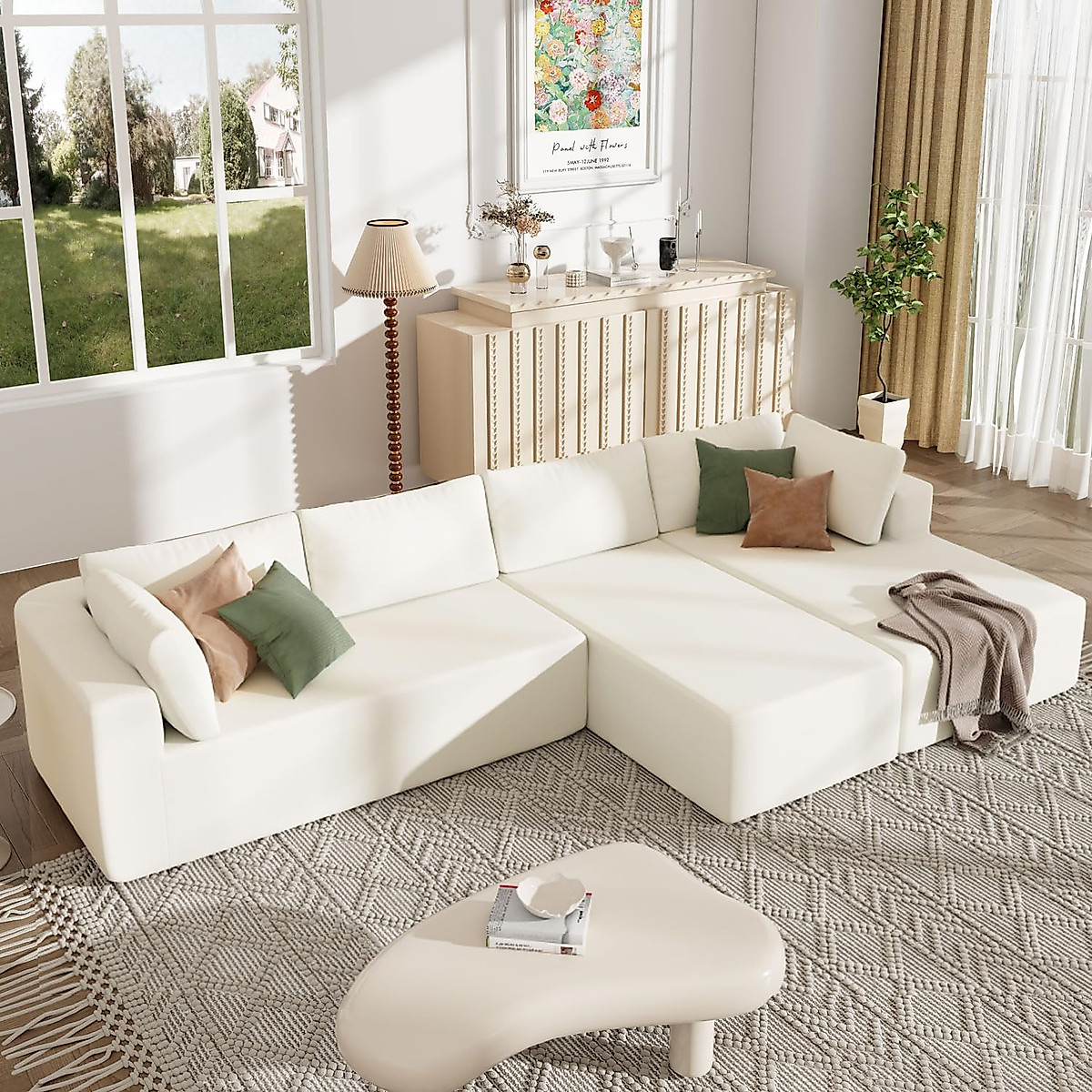 Yogald 135.6‘’ L-Shaped 4 Seats Sectional Cloud Sofa with 2 Chaise Lounges, Minimalist Style Oversized Modular Sofa, Comfy Upholstered Luxury Floor Couch Set, for Living Room Office Apartment (Beige)