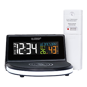 La Crosse Technology 617-84947-INT Wireless 5W Charging Alarm Clock with Glowing Base and Outdoor Sensor