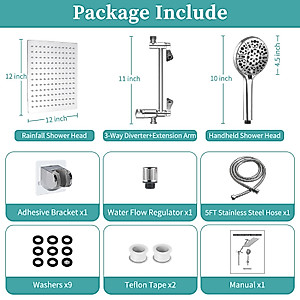 Rain Shower Head with Handheld, Lanhado 12'' High Pressure Rainfall Shower Head with 11'' Extension Arm, 9 Settings Handheld Shower Heads with Holder & Hose, Anti-leak Waterfall Showerhead, Chrome