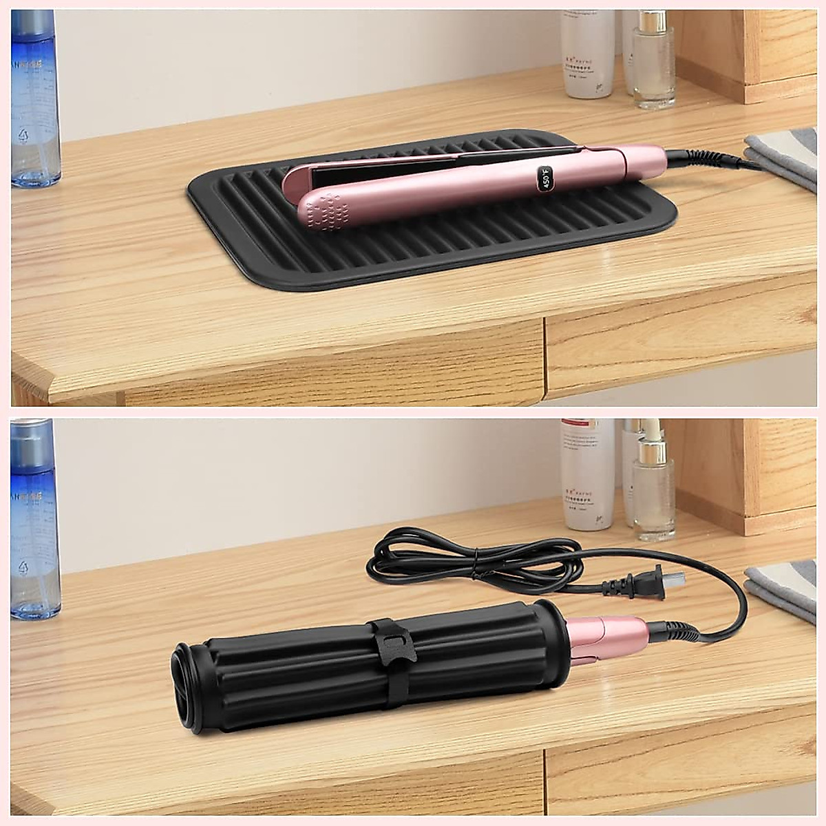 Large Silicone Heat Resistant Mat, Hot Tools Straightener Mat, Professional Heat Mat for Curling Iron, Flat Iron and Hair Styling Tools, Silicone Mat for Hair Tools, with Sticky Fastener (Black)