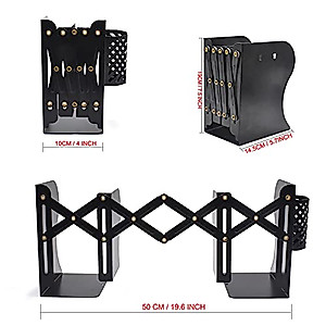 Adromy Adjustable Bookends, Book Holder, Metal Desktop Organizer Storage Rack Expandable Display Bookshelf with Pen Holder for Kid Child Student Home School Office Library - Black