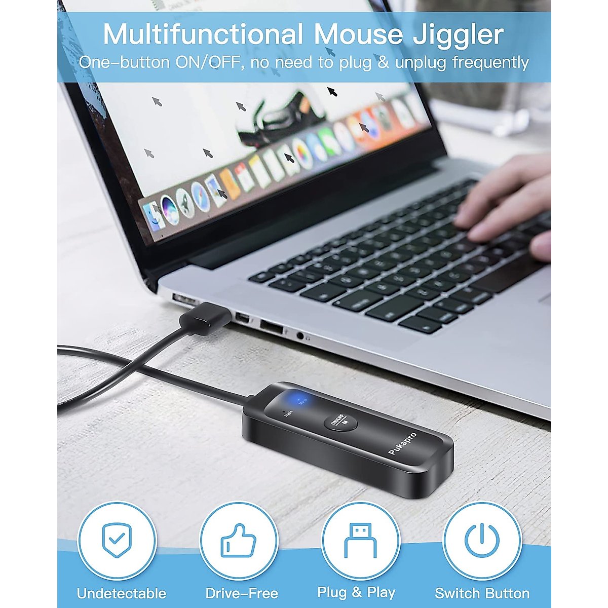 Pukapro Mouse Jiggler Undetectable Mouse Mover Wiggler Driver-Free Automatic Mouse Shaker, Undetectable USB Mouse Jiggler with ON/Off Switch, Plug & Play- Black