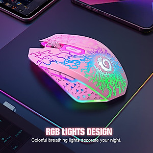 VersionTECH. Wireless Gaming Mouse, Rechargeable Computer Mouse Mice with Colorful LED Lights, Silent Click, 2.4G USB Nano Receiver, 3 Level DPI for PC Gamer Laptop Desktop Chromebook Mac-Pink