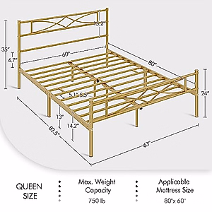 Yaheetech Metal Queen Size Bed Frame, Platform Bed Frame, Mattress Foundation with Curved Design Headboard & Footboard, NO Box Spring Needed, Heavy-Duty Support, Easy Assembly, Queen,Antique Gold
