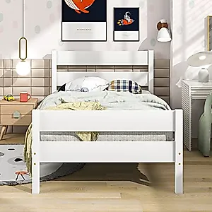 LCH Twin Bed Frames, Wood Twin Bed Frame with Headboard and Footboard Kids Bed Frame,Twin Wooden Bedframes Platform with Storage for Girls Boy No Box Spring Needed (White)