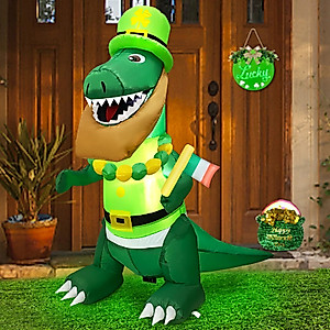 TURNMEON 4FT Dinosaur St. Patrick's Day Inflatables Decorations Outdoor Blow Up Dinosaur Hold Irish Flag Wear Necklace Shamrocks Hat LED Lights St Patricks Day Decor Indoor Home Yard Garden Lawn Party
