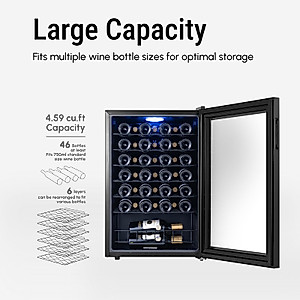 Yeego Wine Fridge, 46 Bottles Wine Cooler Refrigerator, 38-65℉ Freestanding Mini Fridge with Digital Temperature Control & Double-layer Glass Door & Blue Ambient Lights for Home, Kitchen, Office, Dorm