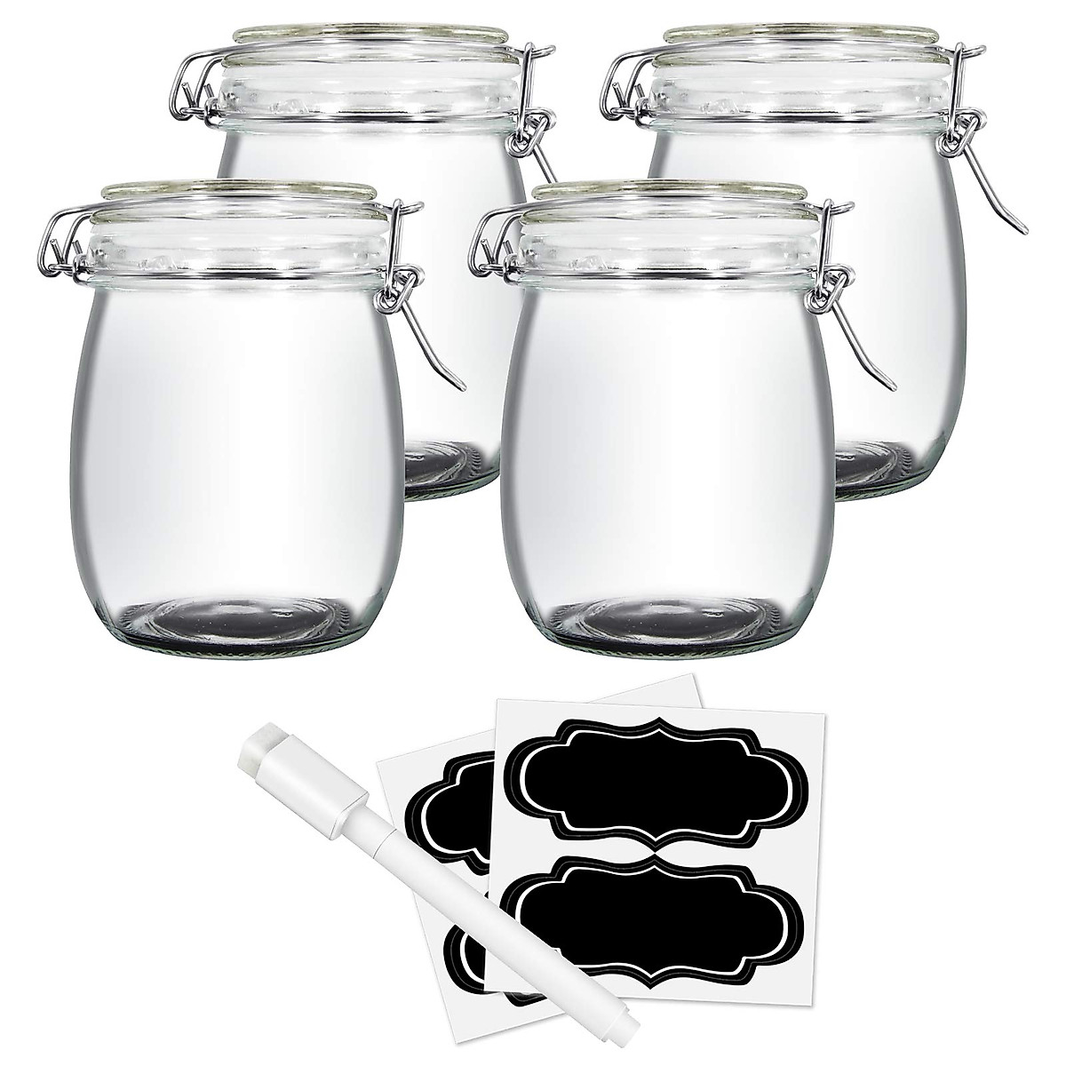 YEBODA 24oz Food Storage Canister Glass Jars with Clamp Airtight Lids and Silicone Gaskets for Multi-Purpose Kitchen Containers - Clear Round (4 Pack)