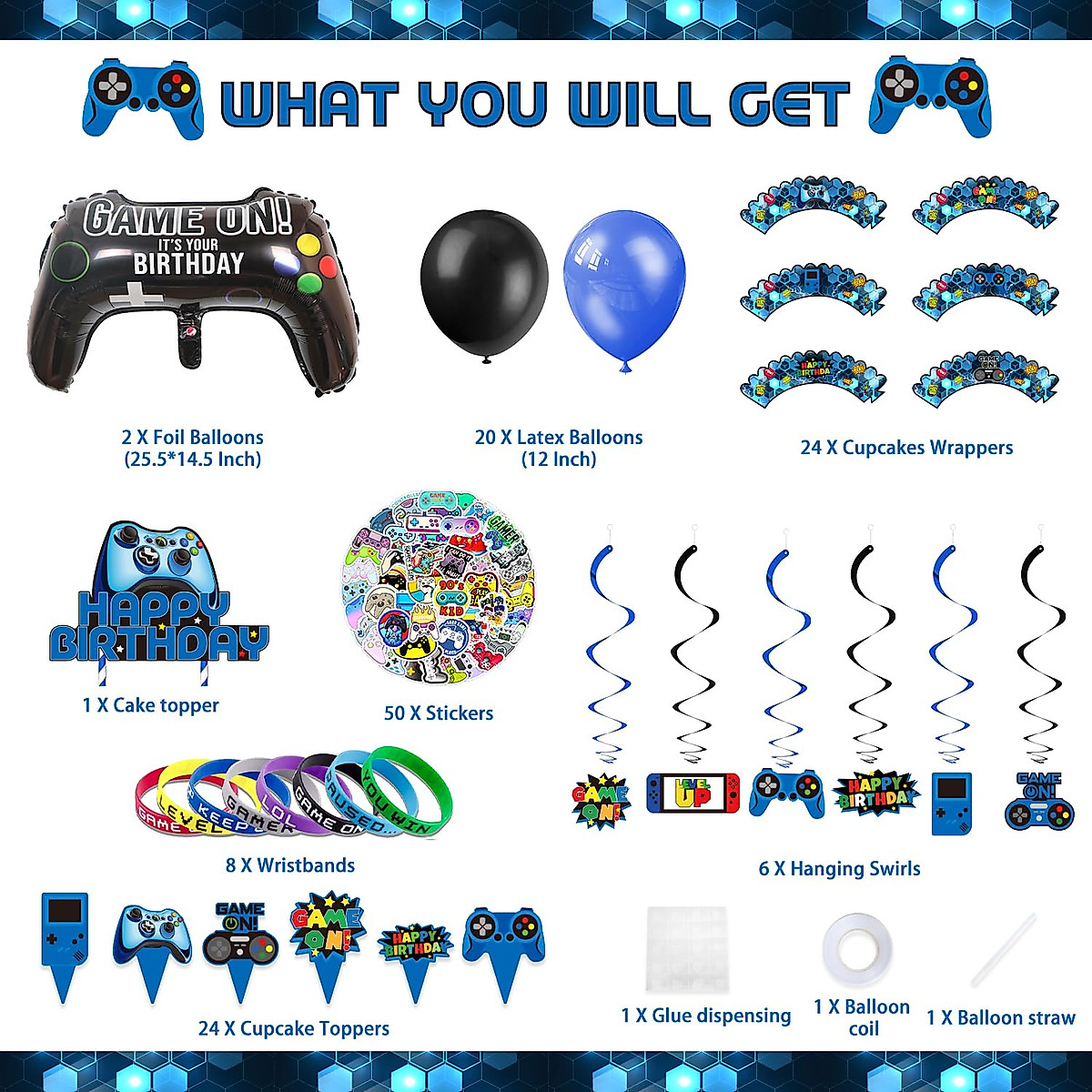 Mpanwen Blue Gamer Birthday Party Decoration - 218Pcs Video Game Gaming Party Supplies For Boys Birthday Party - Backdrop, Table Cover, Cupcakes Wrappers, Stickers, Bracelets Serves 10 Guests