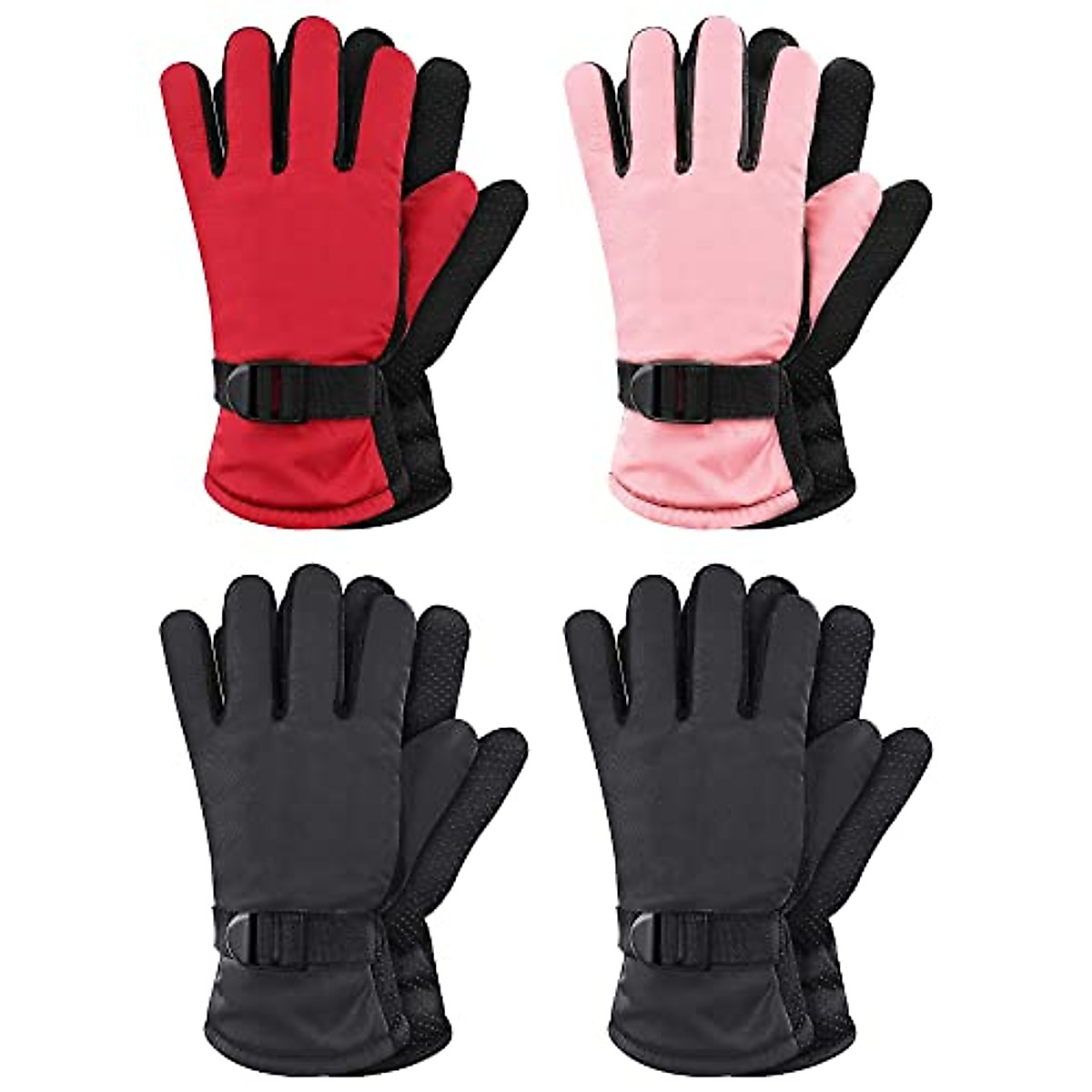 4 Pairs Winter Waterproof Snow Ski Gloves for Kids Warm Unisex Camouflage Gloves for Cold Weather Girls Boys Children (Red, Pink, Black, Black,for 6 - 12 Years Old)