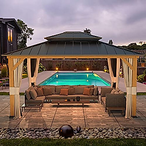 EROMMY 13'x15' Wood Gazebo, Outdoor Hardtop Gazebo Pavilion with Netting and Curtains, Spruce Wooden Frame Double Roof Metal Canopy for Patio Backyard Deck Garden