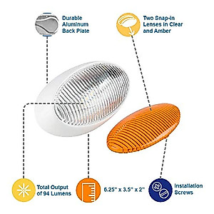 Lumitronics RV 12V LED Oval Porch Utility Light - Clear & Amber Lenses - for Motorhomes, Campers, Trailers, 5th Wheels (White)