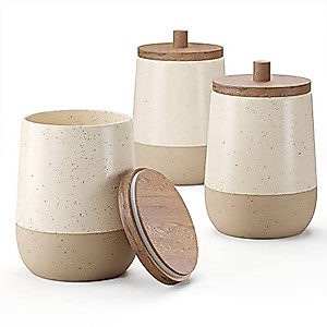 Barnyard Designs S/3 Ceramic Bathroom Canisters, Apothecary Jars with Lid, Qtip Holder Bathroom Set Cotton Ball Holder Jar for Bathroom Storage, Decorative Bathroom Jar with Lid, Spa Decor, 4.75x6, Beige