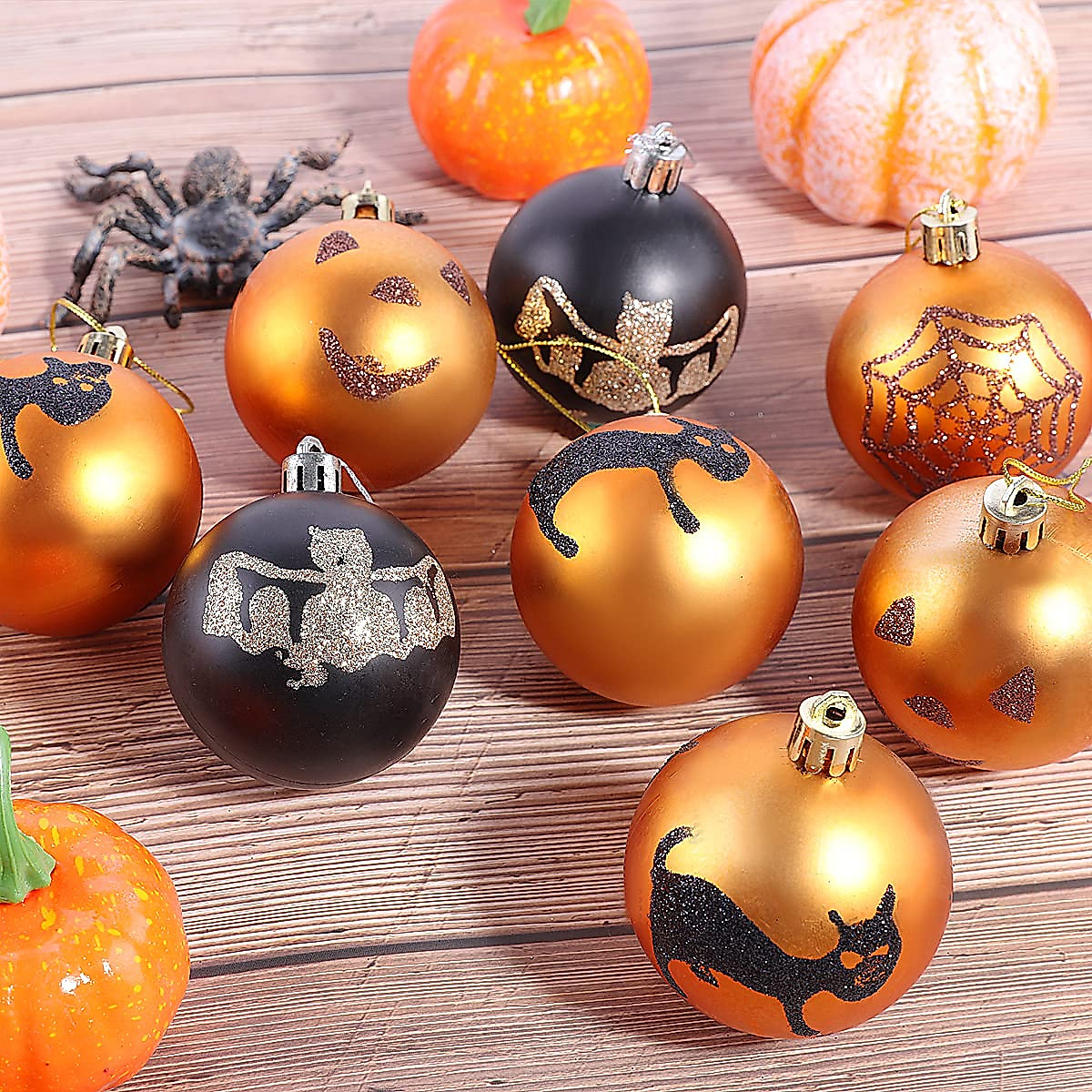 Halloween Hanging Ball Ornaments, 12pcs 2.16" Halloween Hanging Glitter Ball Decorations Plastic Reflector Rounds Hounted House Prop Toys, Spider Web Ghost Cat Printed for Halloween Hanging Decor