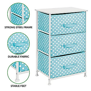 mDesign Storage Dresser End/Side Table Night Stand Tower Unit with 3 Removable Fabric Drawers - Organizer for Baby, Kid, and Teen Bedroom, Nursery, Playroom, or Dorm, Turquoise Blue/White Polka Dot