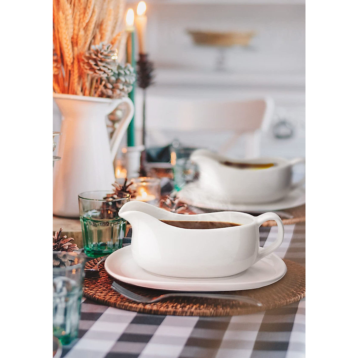 Nucookery Large 17 Oz Gravy Boat and Tray | Ergonomic Handle | White Fine Porcelain Saucier With Big Dripless Lip Spout For Gravy, Warming Sauces, Salad Dressings, Milk | Microwave & Freezer Safe