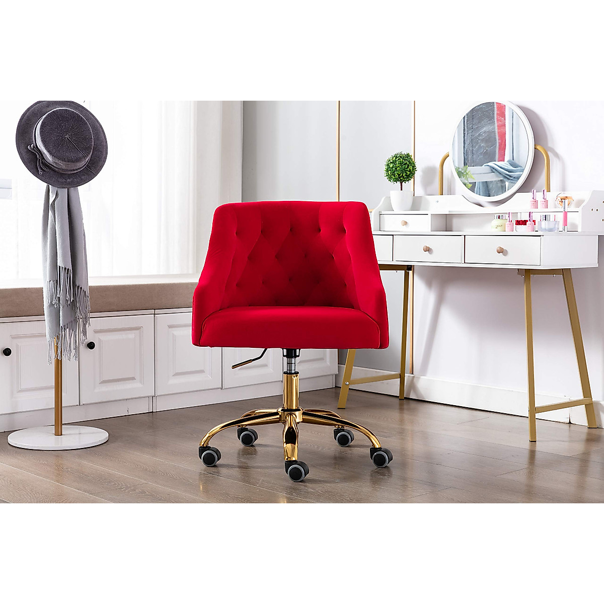 ZOBIDO Comfy Home Office Task Chair with Wheels, Cute Modern Upholstered Velvet Seashell Back Adjustable Swivel Vanity Desk Chair, for Women, for Kids, for Girls, Living Room, Bedroom, (Red)