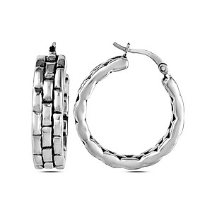 LeCalla Sterling Silver Jewelry Light-Weight Bricks Texture Antique Finish Hoop Earring for Women