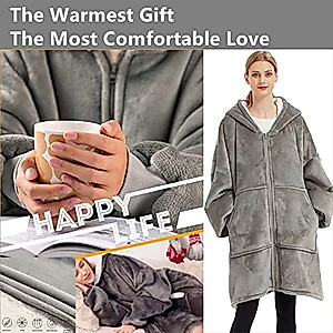 Shellconch Oversized Wearable Blanket Hoodie.Sherpa sweatshirt blanket has hats, zippers suitable men and women as gifts (GREY)