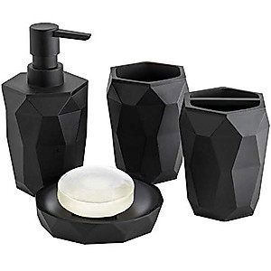 MyGift 4 Piece Modern Black Resin Bathroom Accessories Set with Geometric Design Includes Lotion Pump Bottle, Toothbrush Holder, Tumbler and Soap Dish