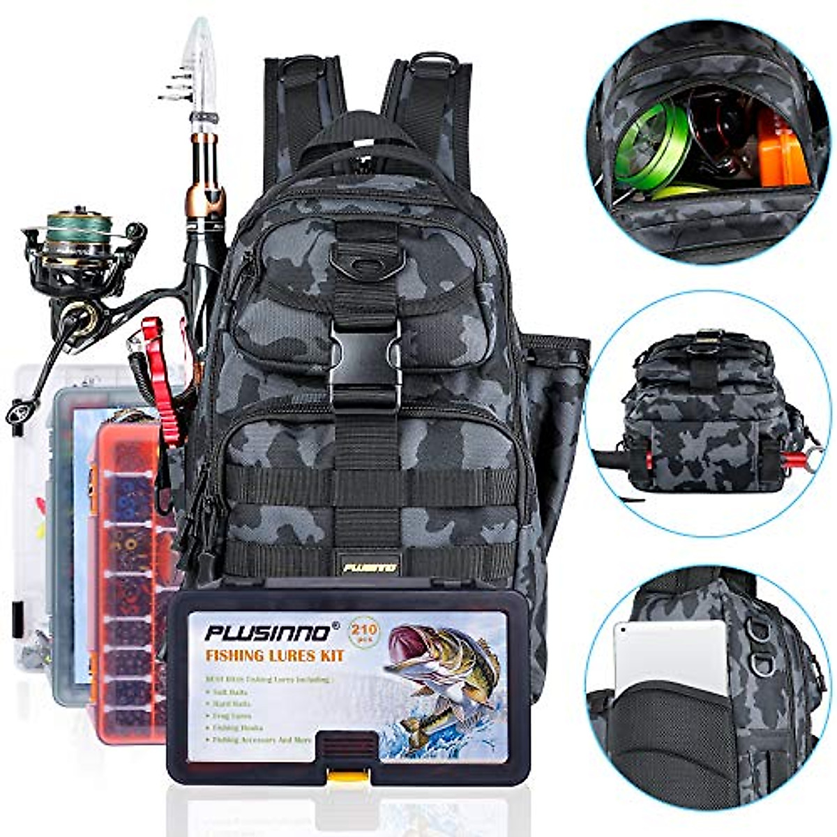 PLUSINNO Tackle Bag, Water-Resistant Backpack with Rod Holder for Fishing Gear, Ideal Gifts for Men,Large