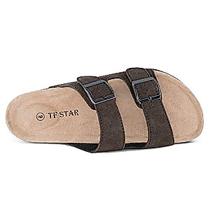 TF STAR Men’s Cow Suede Leather Slide Sandals,2-Strap Adjustable Buckle,Casual Slippers, Slide Cork Footbed shoes