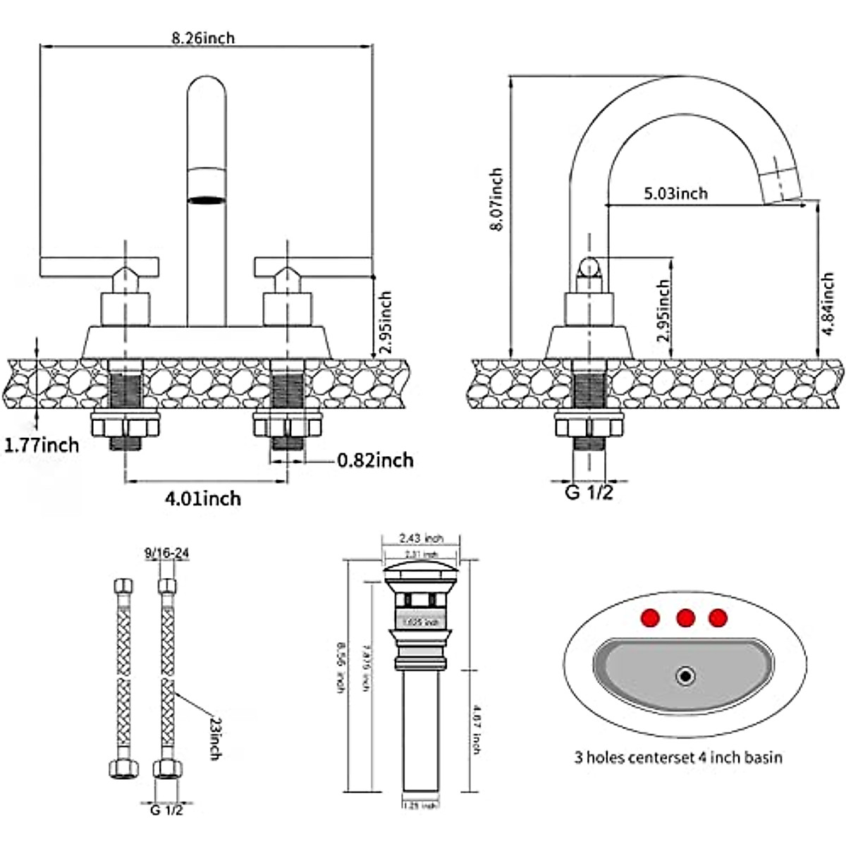 Black Bathroom Sink Faucet GGStudy 2-Handles 4 Inches Matte Black Centerset Faucet with Drain Assembly and Supply Hose Lavatory Faucet Mixer Double Handle Tap Deck Mounted