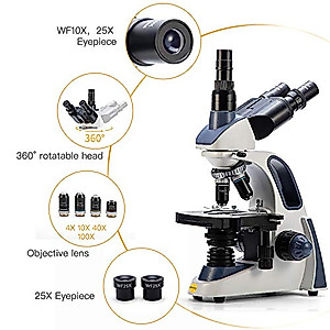 Swift Compound Trinocular Microscope SW380T,40X-2500X Magnification,Siedentopf Head,Two-Layer Mechanical Stage,with 5.0 mp Camera and Software Windows/Mac Compatible and 100 PCS Blank Slides