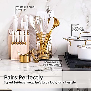 White Silicone and Gold Cooking Utensils Set with Gold Utensil Holder: 17PC Set Includes White & Gold Measuring Cups and Spoons Set,White Utensils Set,Gold Spatula,Gold Whisk -Gold Kitchen Accessories