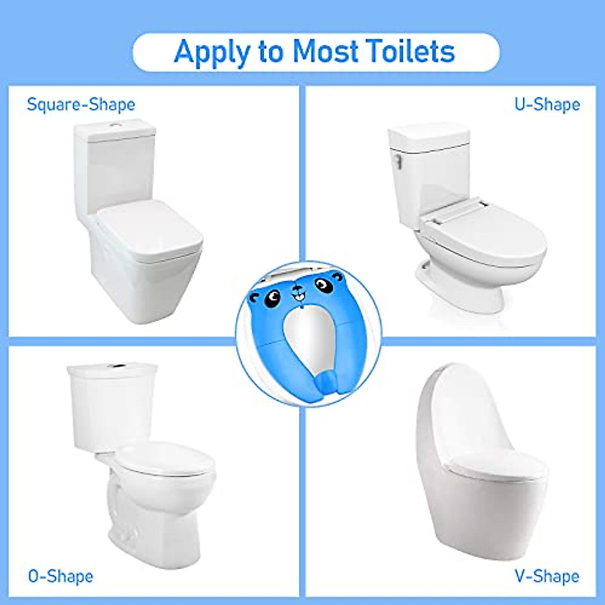 Pejoye Foldable Toilet Seat Toddler, Portable Toilet Training Seat for Kids, Travel Toddler Toilet Seat in ABS Material with 8 Anti Slip Silicon Pads and 1 Carry Bag, Blue Panda