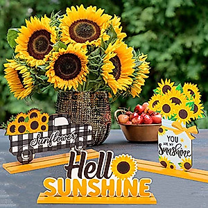 WATINC 3pcs Sunflower Wooden Table Centerpiece Sign Decoration, Hello Sunshine Wood Tabletop Signs, Summer Farmhouse Tiered Tray Table Topper Signs Decor for Home Kitchen Party Favor Photo Props