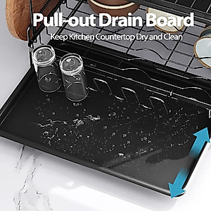 LEACHUTT Dish Drying Rack, 2 Tier Kitchen Dish Rack and Drainboard Set with Utensil, Cutlery and Cup Holder for Countertop, Large Rust-Proof Steel Dish Drainer for Plates, Mugs, Bowls, Knives, Black