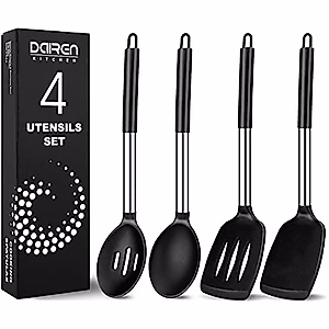 Pack of 4 Large Silicone Cooking Spatulas and Spoons, Slotted and Solid Stainless Steel Cooking Utensils Set, Non-stick Heat Resistant Kitchen for Baking, Fried, Stir-Fry, Mixing, Serving (Black)