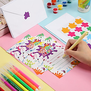 Pajean 24 Set Art Painting Party Invitations with Envelopes Colorful Birthday Invitation Cards Paint Themed Invitation Letters Paint Fill in Invites with 30 Stickers for Art Party Supplies