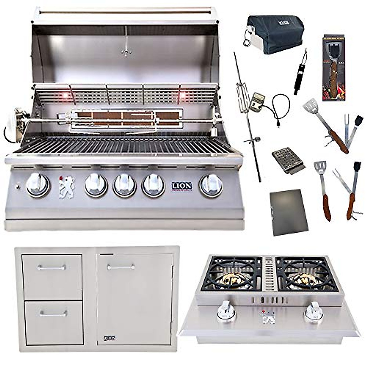 Lion Premium Grills 32-Inch Natural Gas Grill L75000 and Double Side Burner with Lion Door and Drawer Combination Unit with 5 in 1 BBQ Tool Set Best of Backyard Gourmet Package Deal