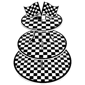 Racing Car Theme 3-Tier Round Cardboard Cupcake Stand for 8-12 Cupcakes Perfect for Racing Cars Birthday Party Supplies Black and White Checkered Party Decorations Let's Go Racing Car Party Decor