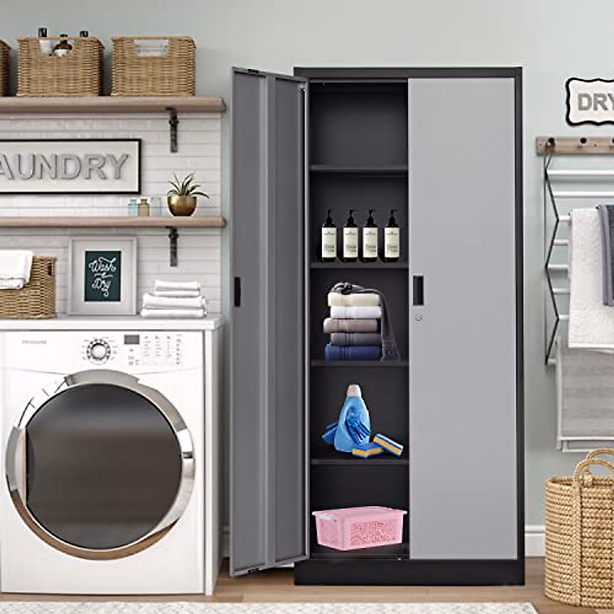 YEEZER Metal Garage Storage Cabinet - 71" Steel Lockable File Cabinet with 2 Doors and 4 Adjustable Shelves. Locking Cabinet for Home, Office, Garage, Gym, School