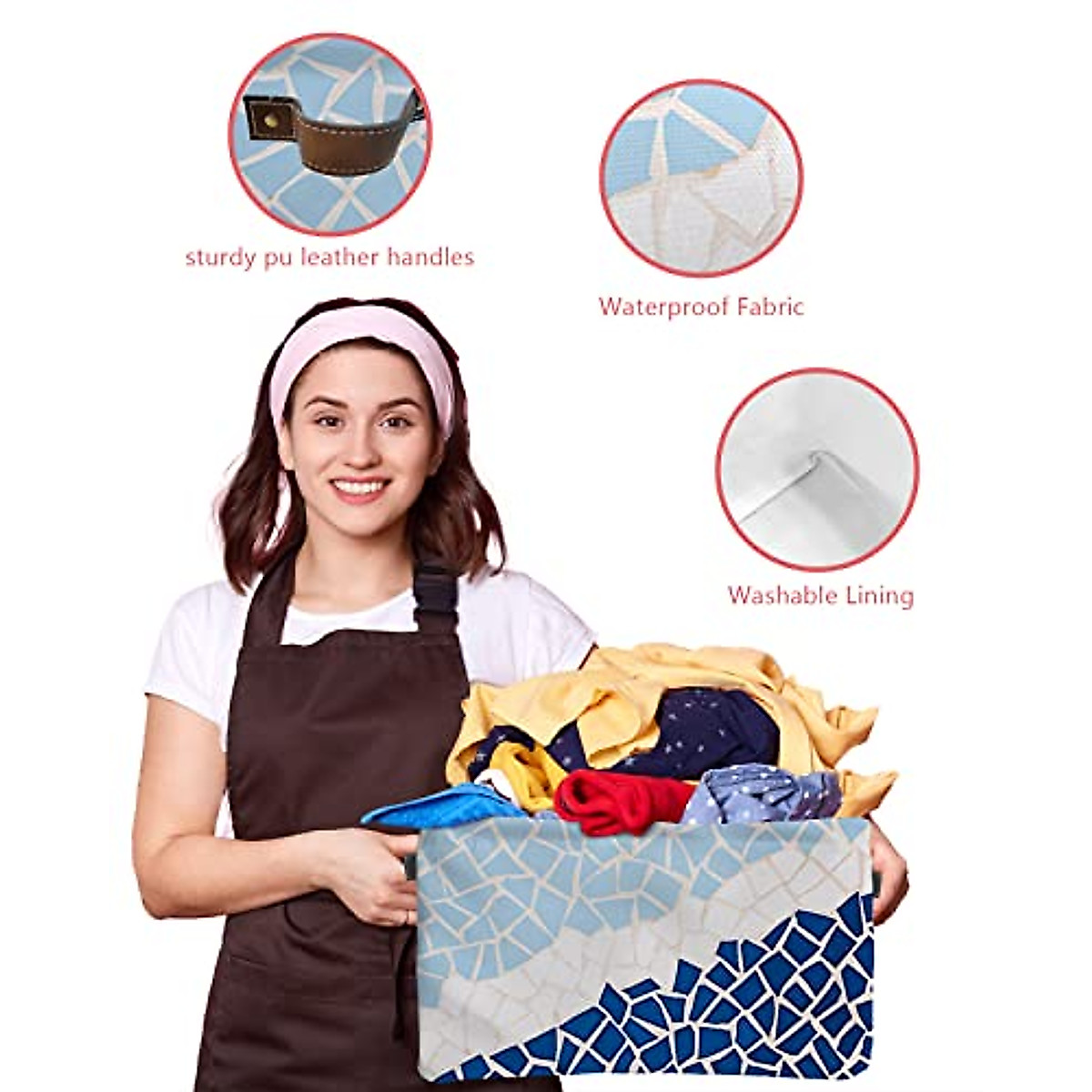 Storage Organizer Bins Set of 2 Storage Baskets for Clothes on Shelves With Handles Tile Pattern Marble Indigo Blue Rectangular Fabric Laundry Baskets for Organizing