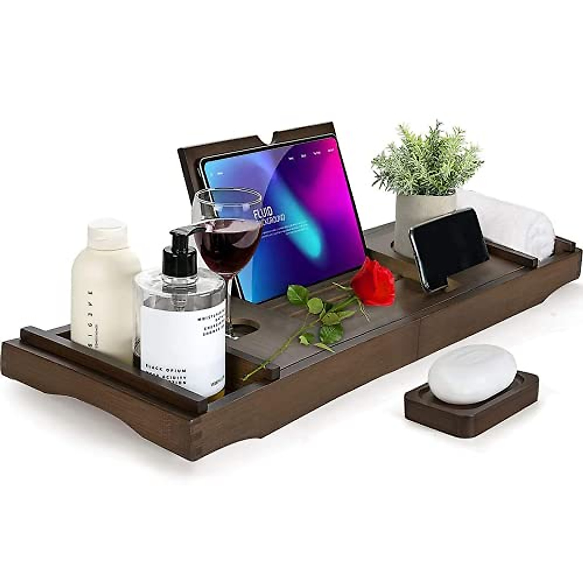 HBlife Bamboo Bathtub Caddy Tray Durable, Non-Slip, One or Two Person Bath and Bed Tray, Extending Sides Fits Any Tub, Cellphone iPad and Wineglass Holder, Free Soap Holder - Coffee