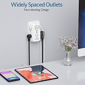 LENCENT USB Wall Charger, Surge Protector 6 Outlet Extender with 3 USB Ports, 1728J Power Strip Multi Plug,3-Sided Widely Spaced Adapter Multiple Expander,Mountable Wall tap for Home Travel Office