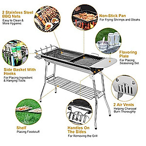 TeqHome Portable Charcoal Grill, Upgraded Folding Large Barbecue Charcoal Grill W/Board Shelf & Flavoring Storage Basket, Stainless Steel Frame, for 8 People Picnic Garden Terrace Camping Travel Use